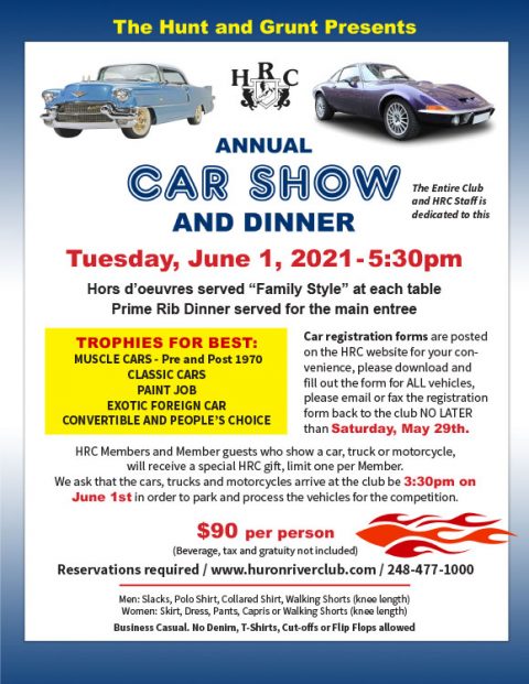 Annual Car Show & Dinner - Tuesday, June 1, 2021-5:30pm - Huron River Club